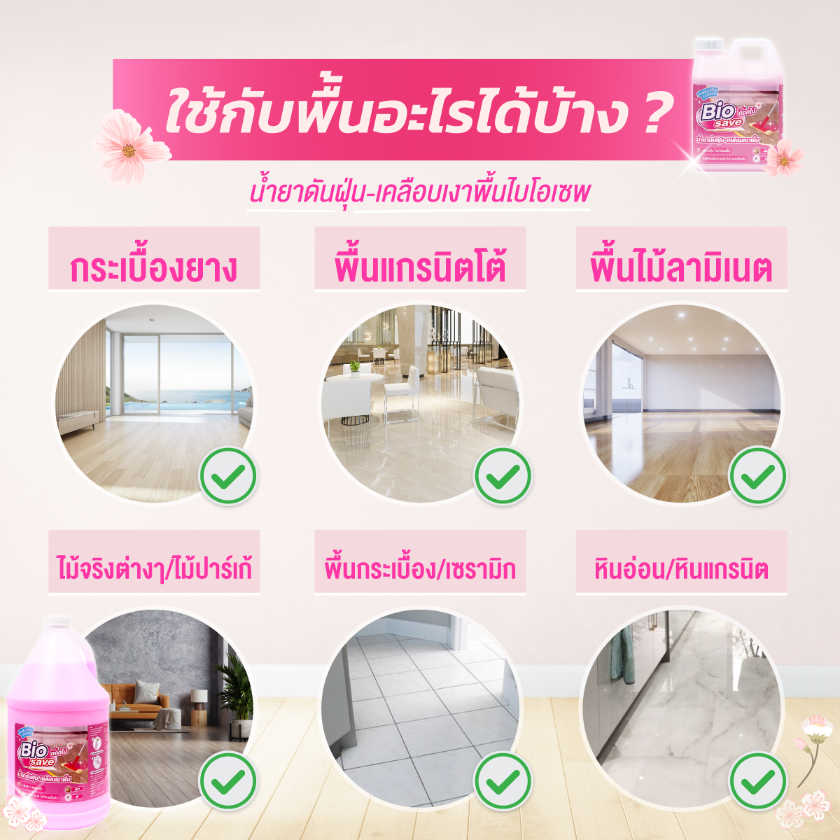 ขนาดสุดคุ้ม น้ำยาดันฝุ่น 3800มล. ถูพื้นแห้งทันที ดักฝุ่นละออง เคลือบเงาพื้น สีชมพู ไบโอเซพ ...