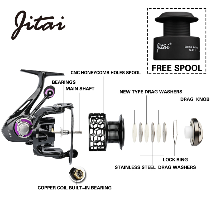 JITAI 2021 Spinning Reel with Free Spool Lightweight CNC Aluminum Spool ...