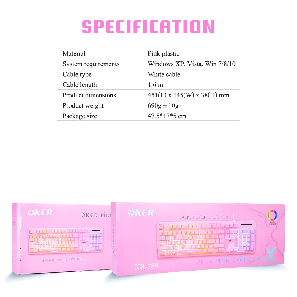 ส่งเร็ว OKER KB-789 BACKLIT GAMING KEYBOARD คีย์บอร์ดสีชมพู PINK ไฟทะลุแป้น ชุดคีย์บอร์ดเมาส์มี ...