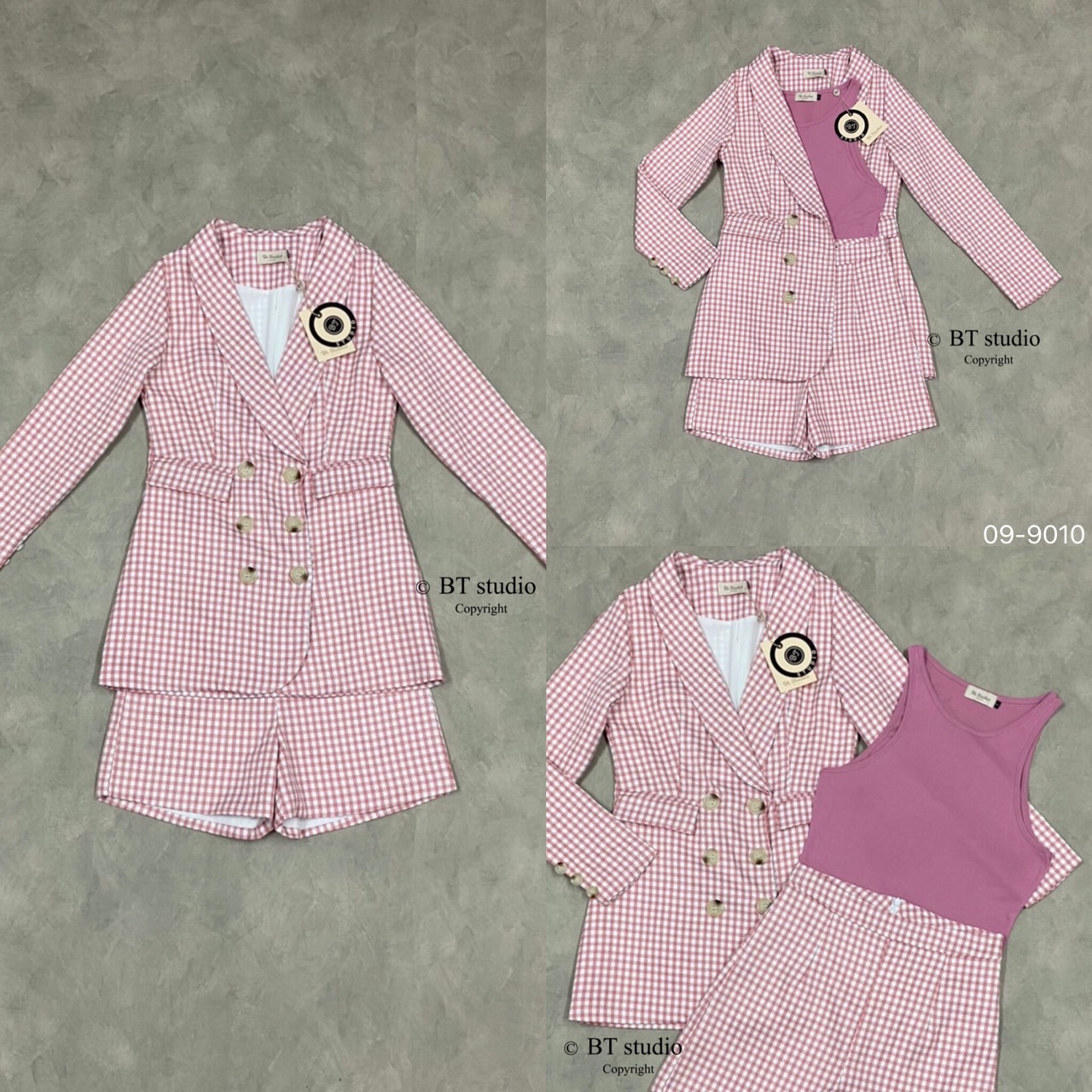 งานป้าย BT-Studio set 3ชิ้นเสื้อเบเซอร์แขนยาวลายสก๊อตสีชมพูแต่งกระดุมตรงกลาง 6เม็ดแมทซ์กับกางเกง ...