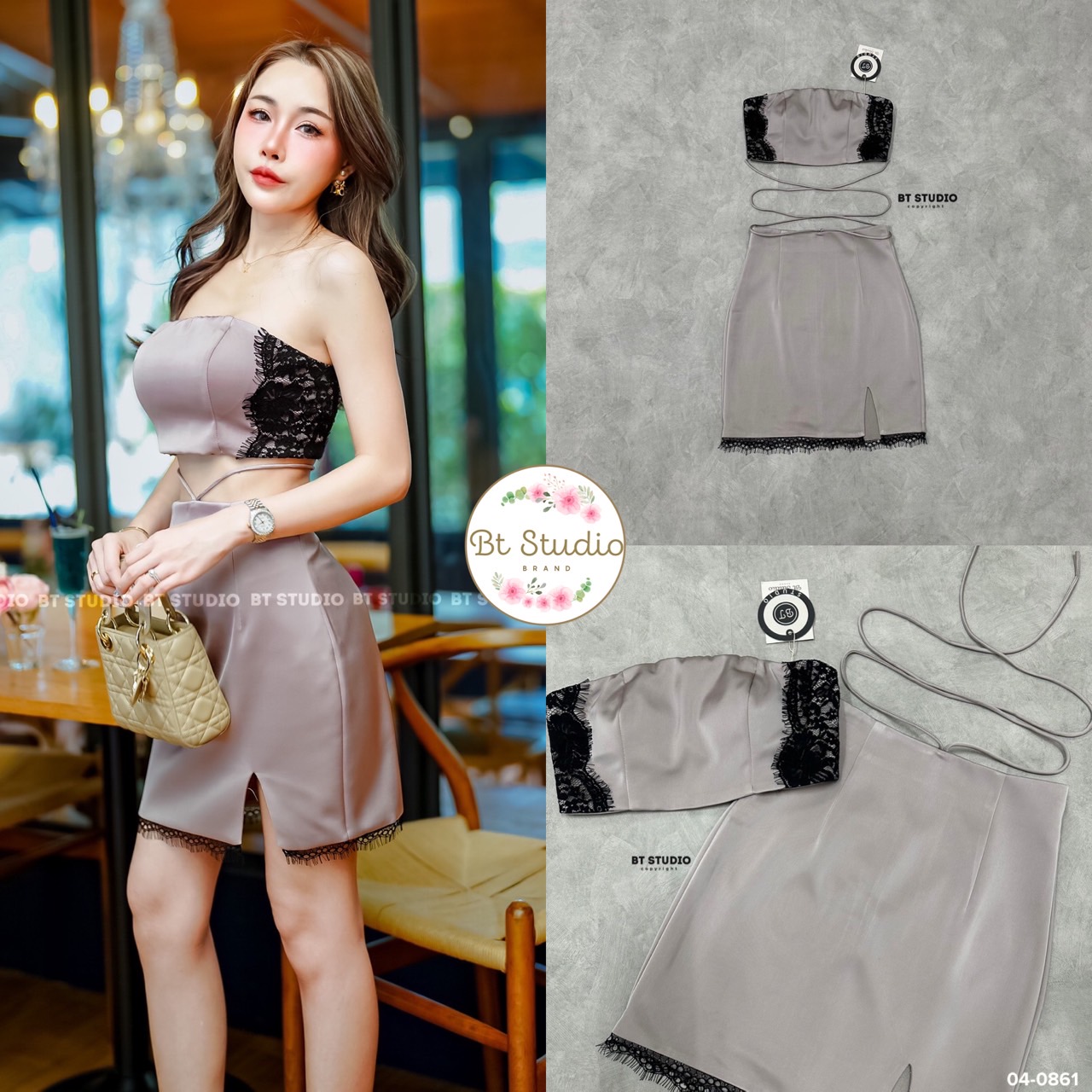 งานป้าย BT-Studio set 2ชิ้นเสื้อเกาะอกผ้าลื่น ๆ เงา ตัดด้วยผ้าลูกไม้ด้านข้าง ซิปหลัง แมทซ์กับ ...