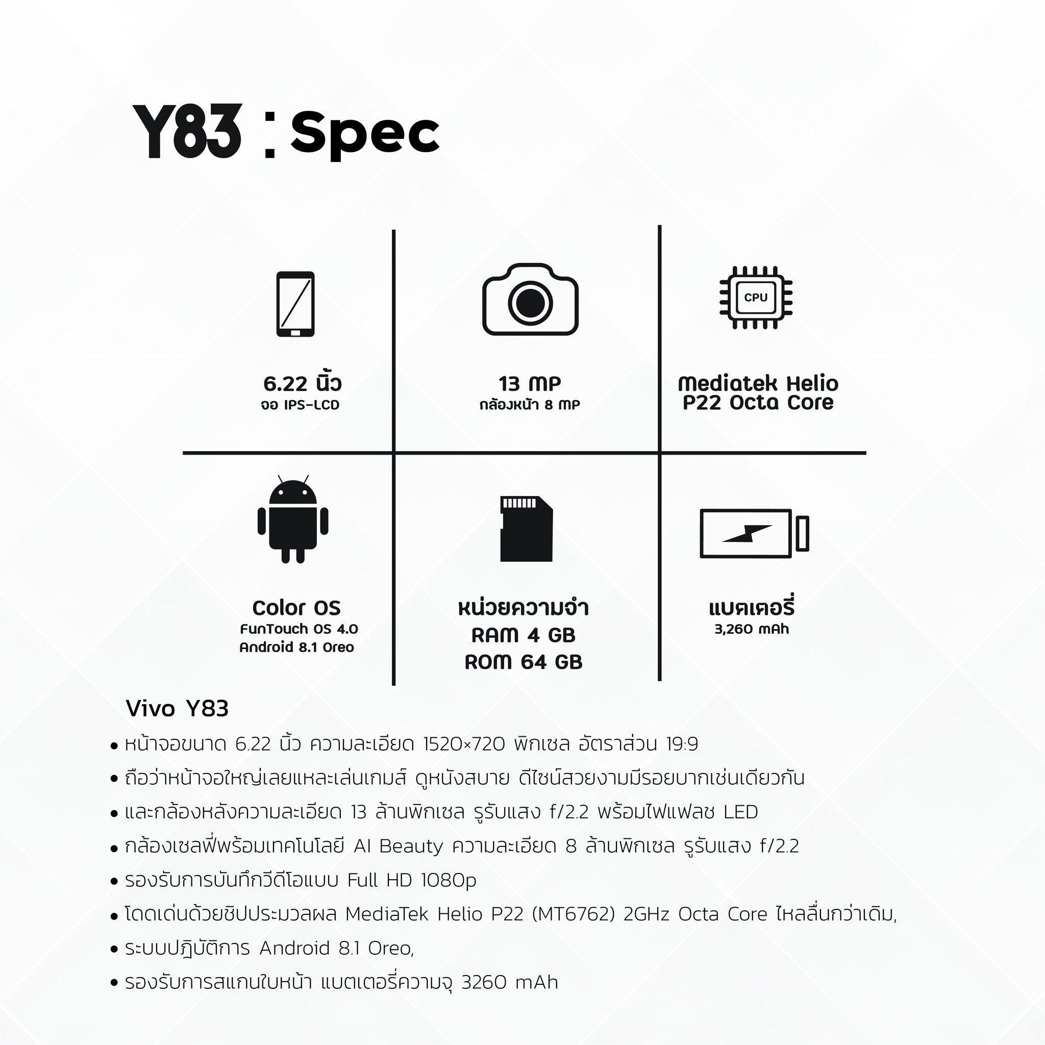 （สปอตสินค้า）โทรศัพท์มือถือ Vivo Y83 Ram 4GB Rom 64GB Android 8.1 ประกันสินค้า ใช้แอพธนาคาร ใช้แอ ...