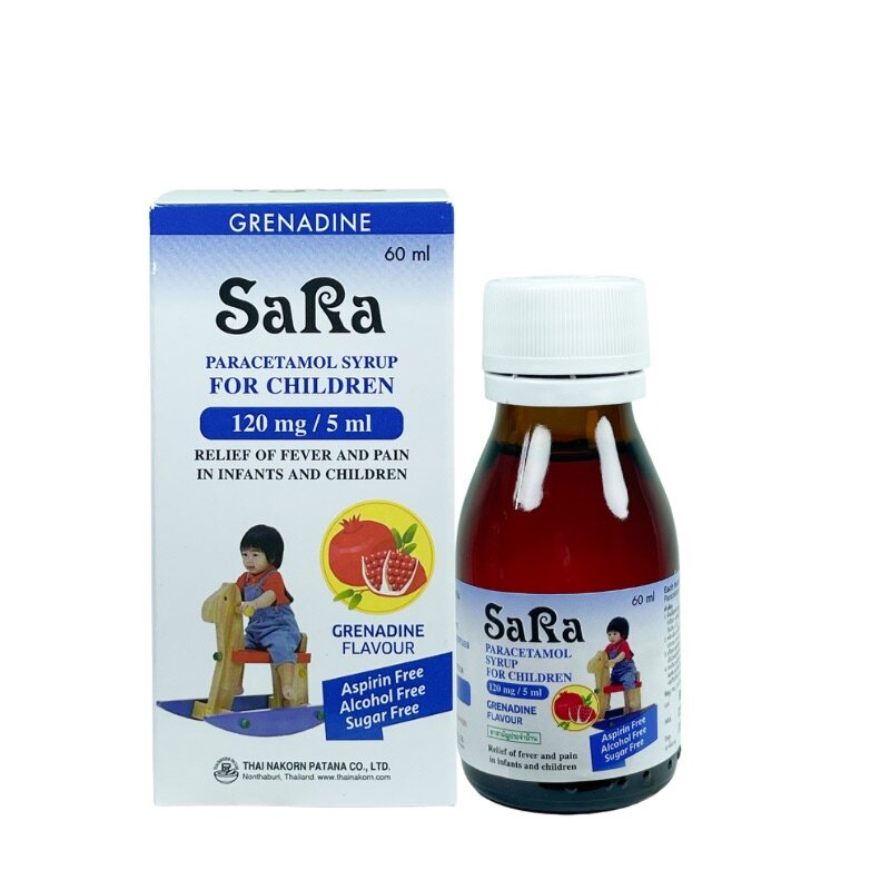 sara 120mg/5ml ซาร่า รสทับทิม บรรเทาปวด ลดไข้ สำหรับเด็กทารกและเด็กเล็ก ...