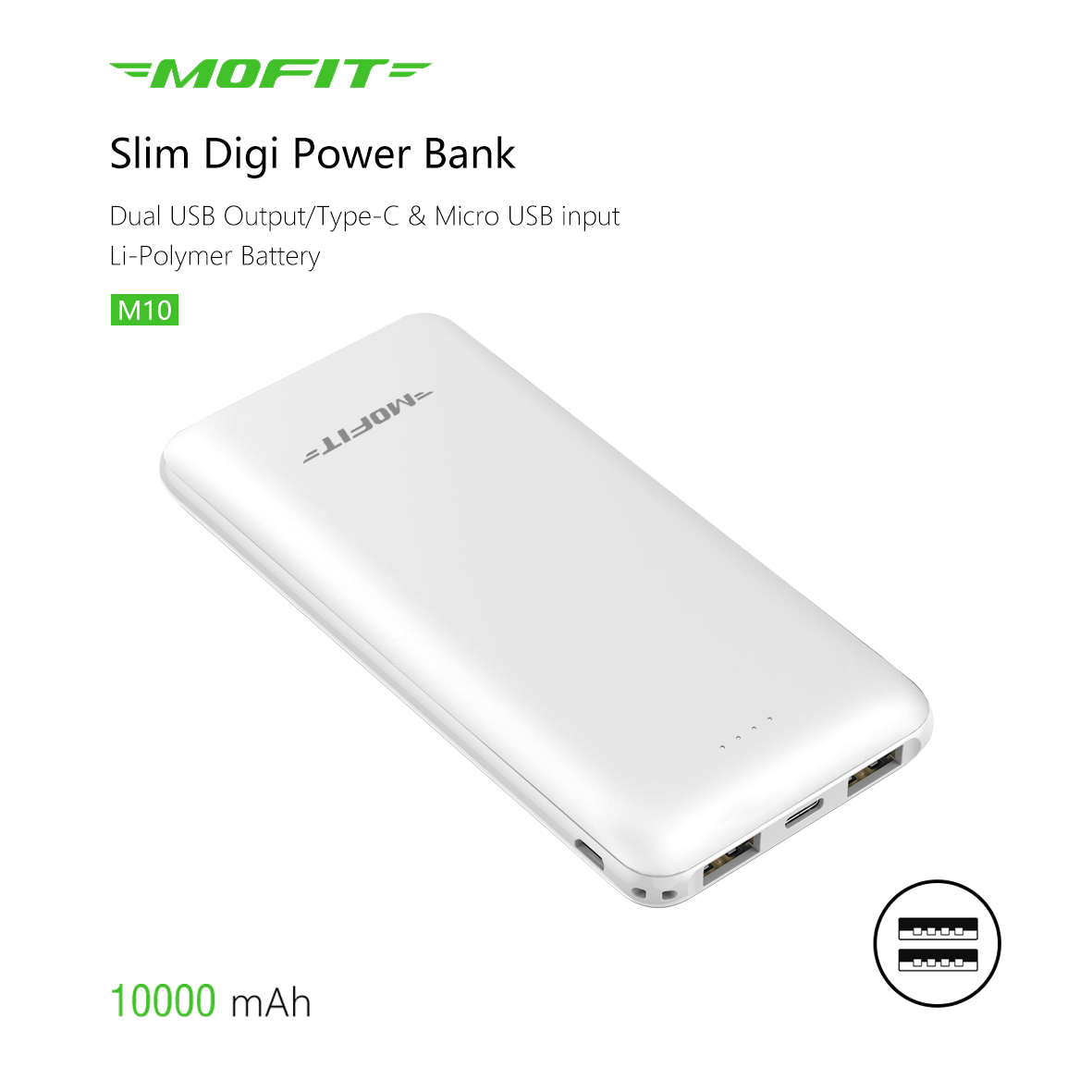 Mofit M10 Power Bank พาวเวอร์แบงค์ แบตเตอรี่สำรอง ขนาด 10000 mAh 2USB ...