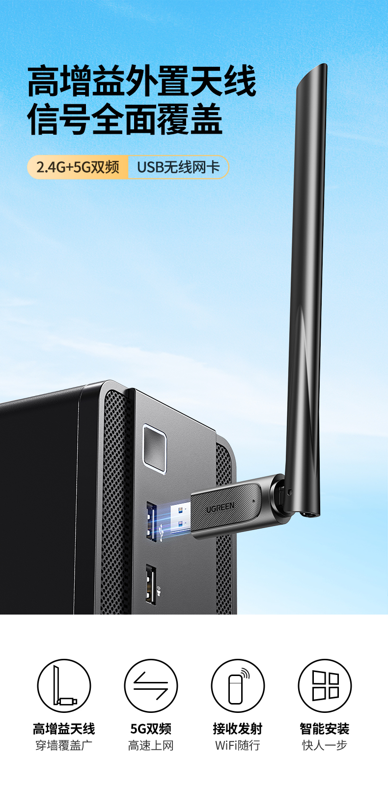 Ugreen เสากระจายสัญญาณ Wifi ความเร็วสุง AC650 ความคุมสัญญาณ 6dbi ใช้ได้ ...