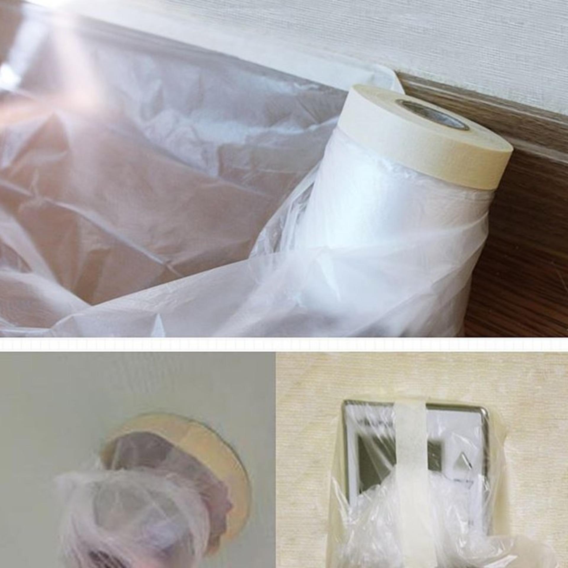 พลาสติกปิดพ่นสี ชนิดมีเทปกาวในตัว (2ม้วน) PE Masking Film with Tape ...