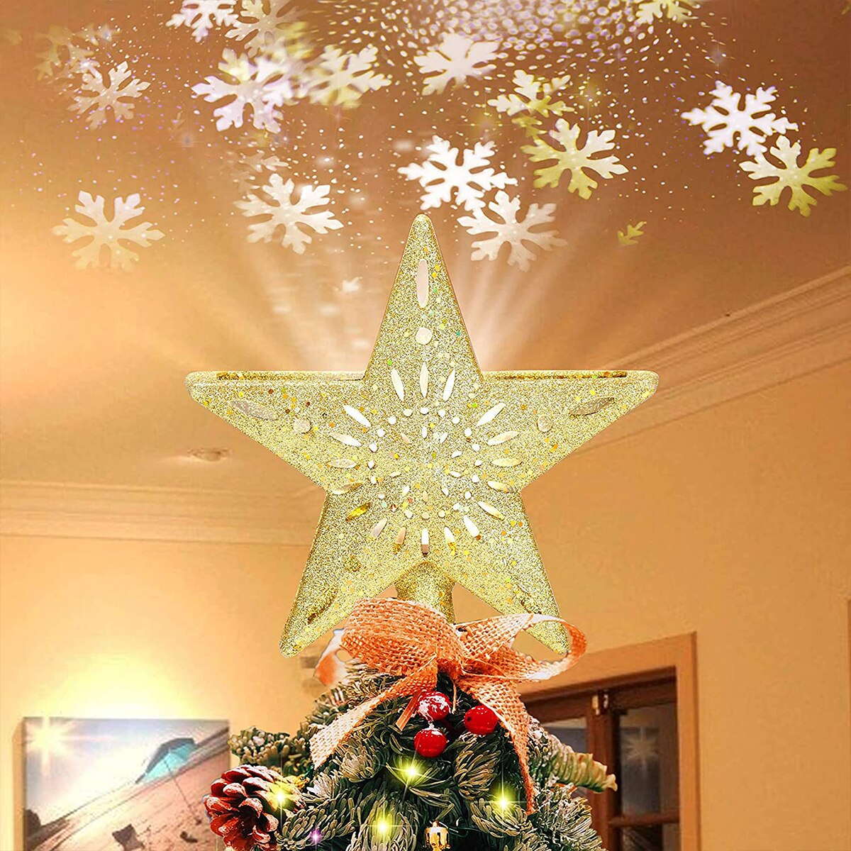 Christmas Tree Topper LED Star Projector 3D Glitter Hollow Star ...