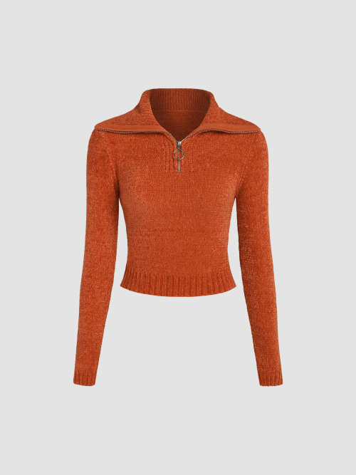Cider Solid Collar Zip Up Knitted Crop Top | Lazada.co.th