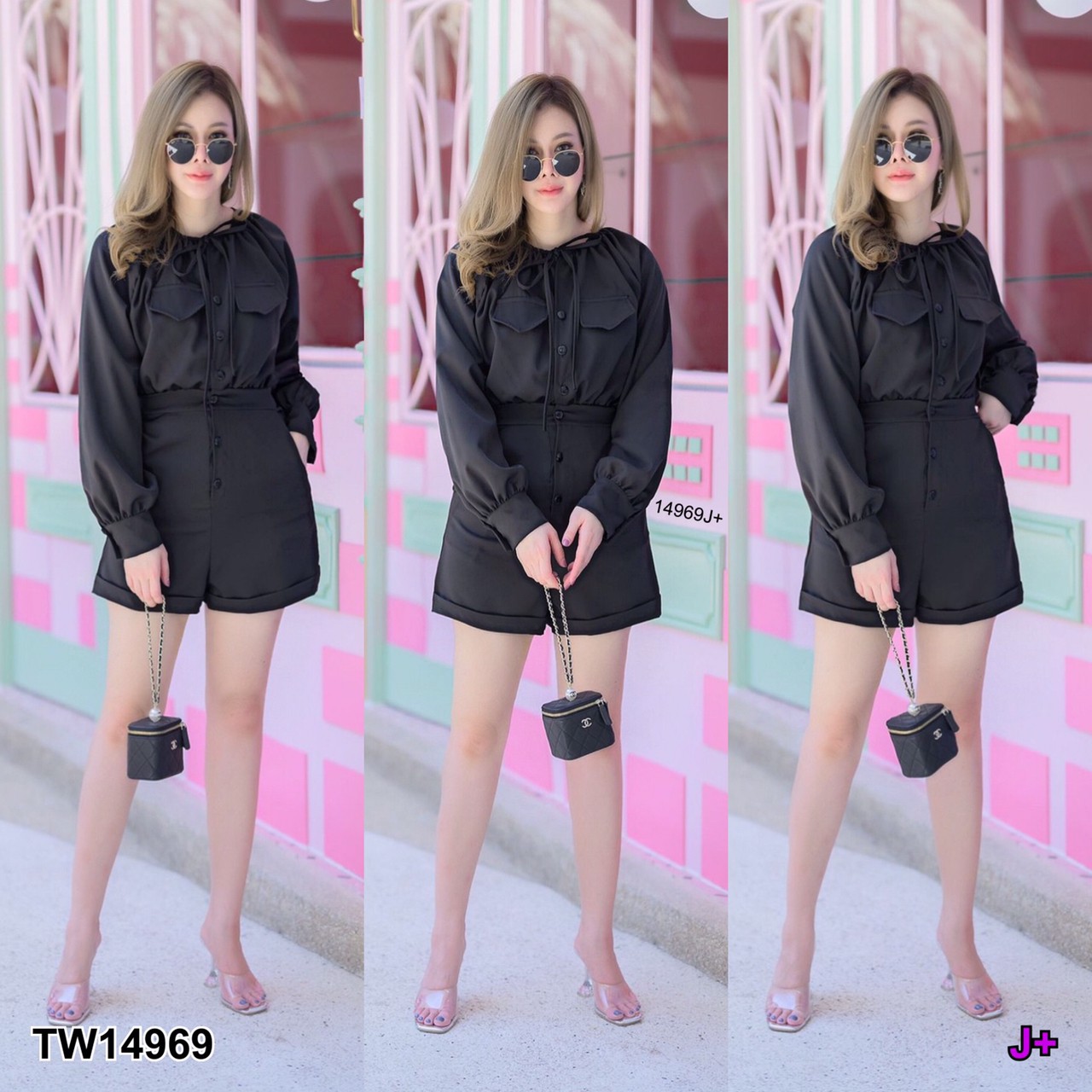 S4U จั๊มสูทขาสั้น เสื้อผ้าสาวอวบ แขนยาวกระดุมหน้าคอผูกเชือก 14969 พร้อม ...