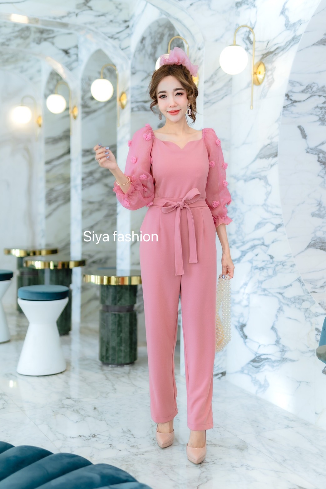 JL23 จั้มสูทขายาว แขน ปอม (มีไซส์สาวอวบเอิบ M34-39 L40-43) ชุดผู้หญิง ...