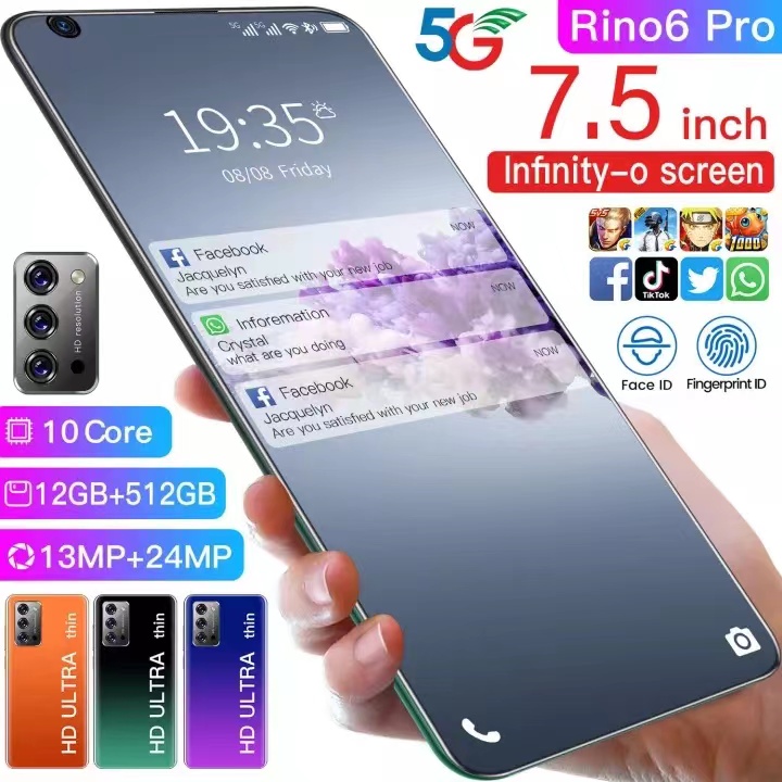 oqqo Rino6 Pro 5G สมาร์ทโฟนหน่วยความจำ 8G+256G จอ 7.5นิ้ว HD เต็มหน้าจอ ปลดล็อคลายนิ้วมือ ...