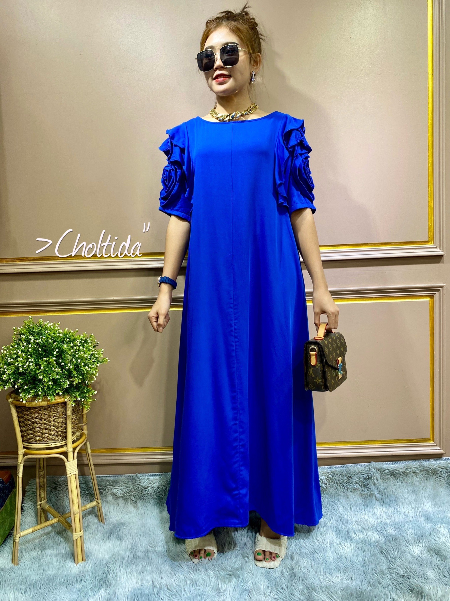 Choltida (#) อก 42"🎀เดรสกระโปงลินิน ผสมฝ้าย แต่งแขนกุหลาบ สวยปังมากคร่า(กุหลาบ)ทรงใหญ่ใส่สบาย ...