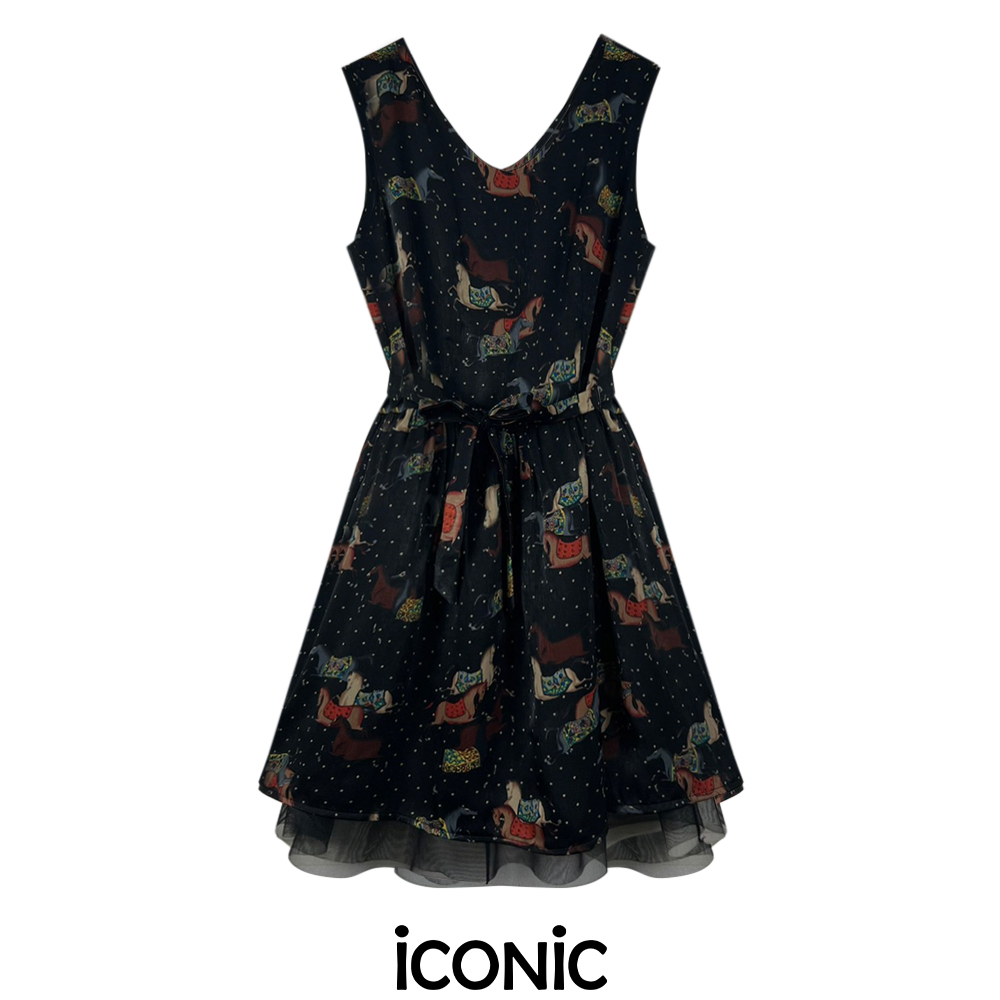 iCONiC Rosemary Dress #2163 ชุดเดรส ผ้ากำมะหยี่ สีดำ ลายม้า ยาว34" แต่ง ...