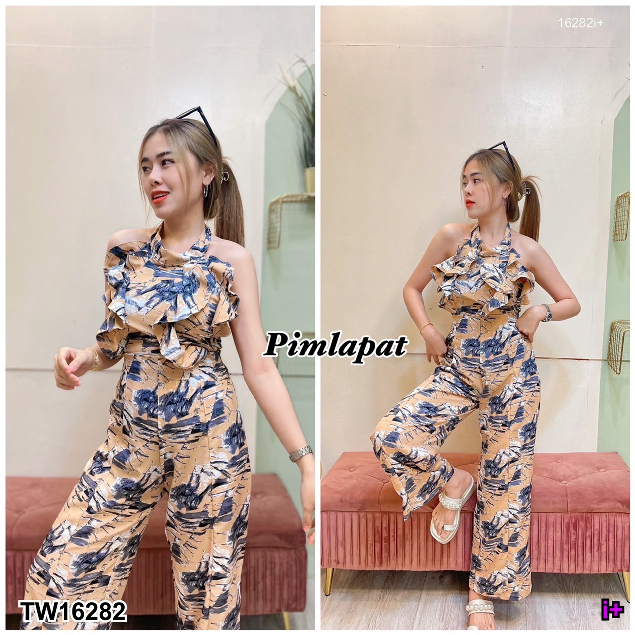 TW16282 Set 2 ชิ้น เสื้อเปิดหลัง + กางเกงขายาว - Twinsshop - ThaiPick