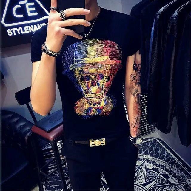 Jamle 🌌 เสื้อยืดแฟชั่นคอกลมแขนสั้น ผู้ชาย👱 สกรีนลายหัวกะโหลก💀 สลับสี ...