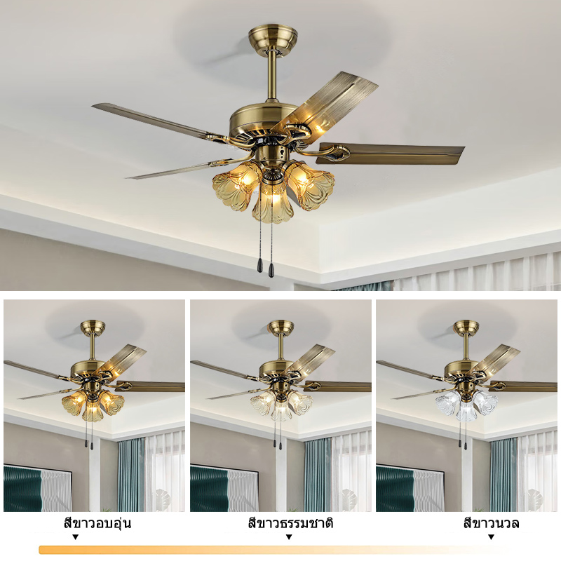 LCMKR โคมไฟพัดลมเพดาน LED โคมไฟพัดลมเพดานย้อนยุค ใบมีดแบบหมุนกลับได้ 52น้ิว E27และ 3 ดวง ดวงห้อง ...