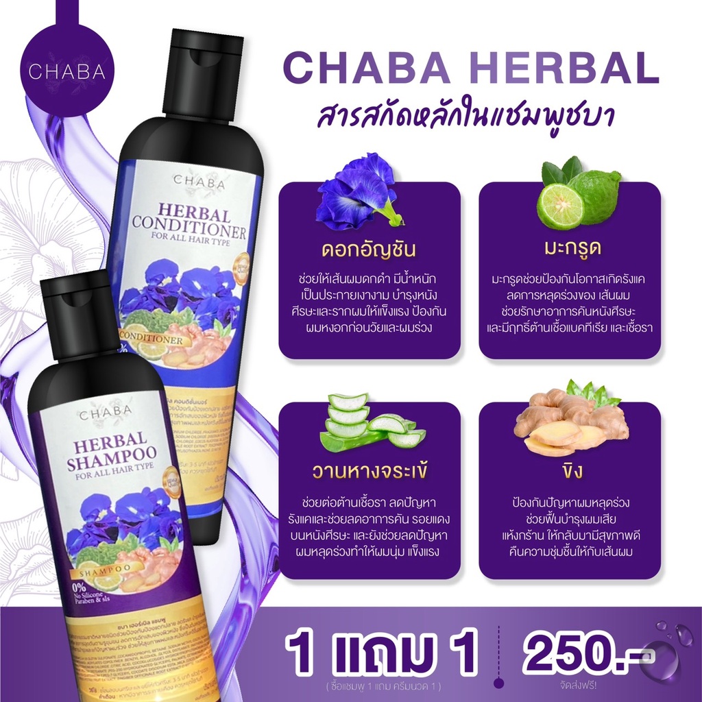ส่งฟรี แท้100 ส่งไว โปร(1 แถม 1 ) แชมพูชบา + ครีมนวดชบา ซื้อแชมพู+แถมฟรีครีมนวด Chaba Herbal ...