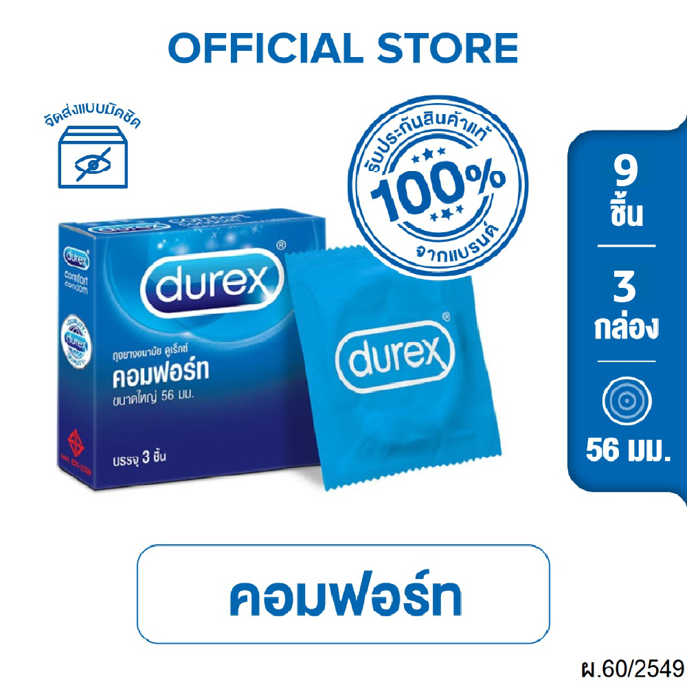 Durex ดูเร็กซ์ คอมฟอร์ท ถุงยางอนามัยผิวเรียบ ผนังไม่ขนาน ถุงยางขนาด 56 ...