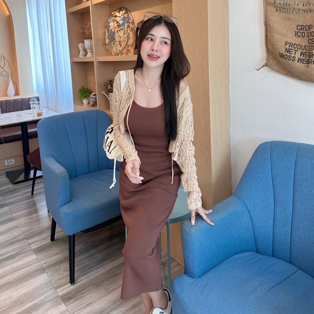 🌈MesubShop🌈เดรสสายเดี่ยว คู่กับเสื้อคลุมผ้าถักตาข่ายทอลาย ผ้ายืดเยอะ 🐰 สาวอวบใส่ได้ค่า พร้อมส่ง ...