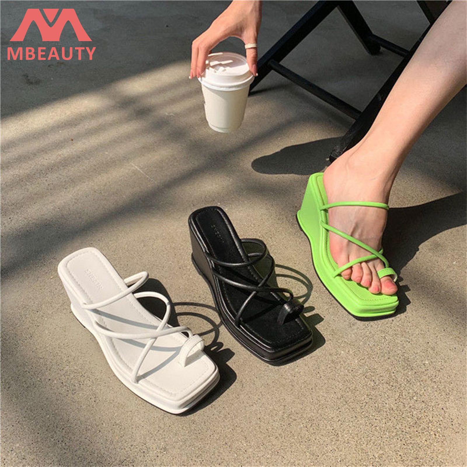 MBeauty New Square-Toe Set-Toe Straps Wedge-Heel Thick-Soled Slippers ...