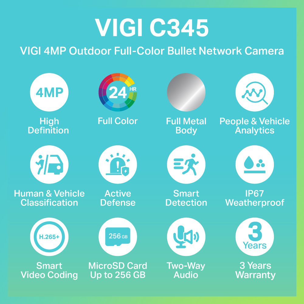 TP-Link VIGI C345 กล้องวงจรปิด 4MP Outdoor Full-Color Bullet Network Camera ความละเอียดสูง 4 ...