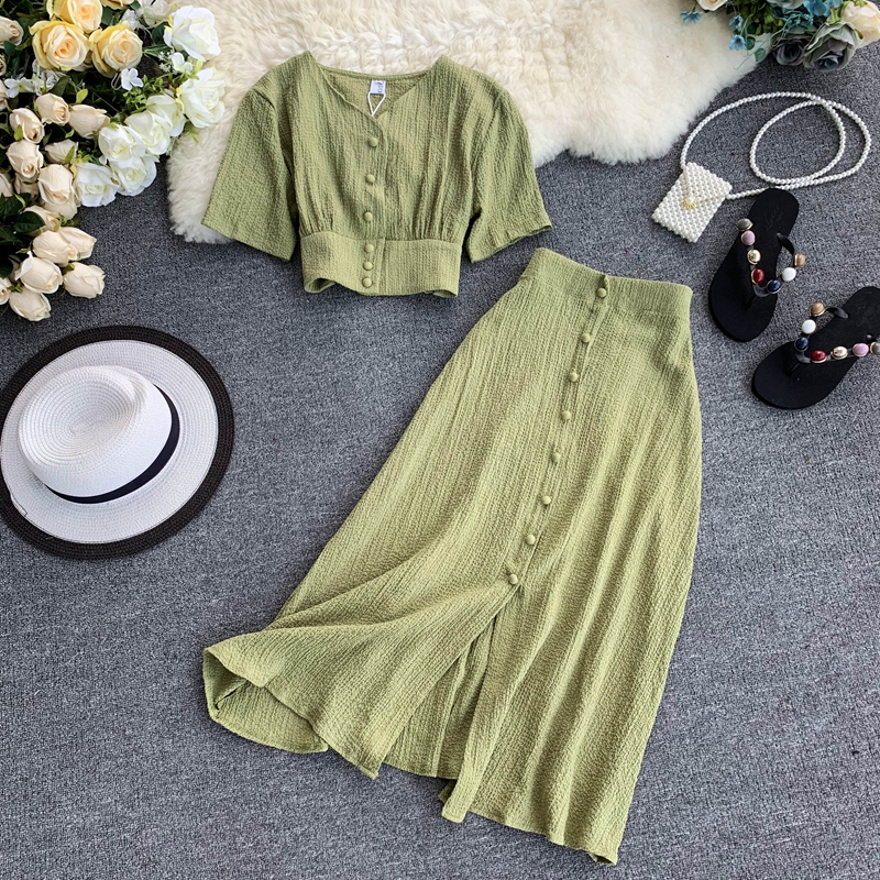 New 2021 Summer Two Piece Set Clothes Women V-neck Ctop Tops + A-line ...