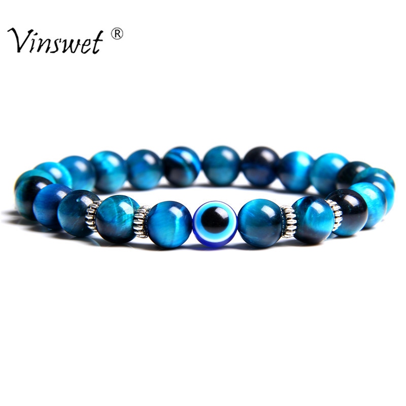 Men Bracelets Evil Eye Bracelet For Women Natural Polished Stone Beads ...
