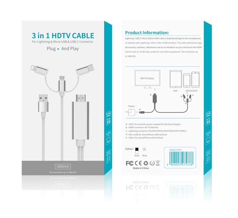 3 in 1 MHL Cable for iPhone HDMI-compatible for Samsung Phone to ...