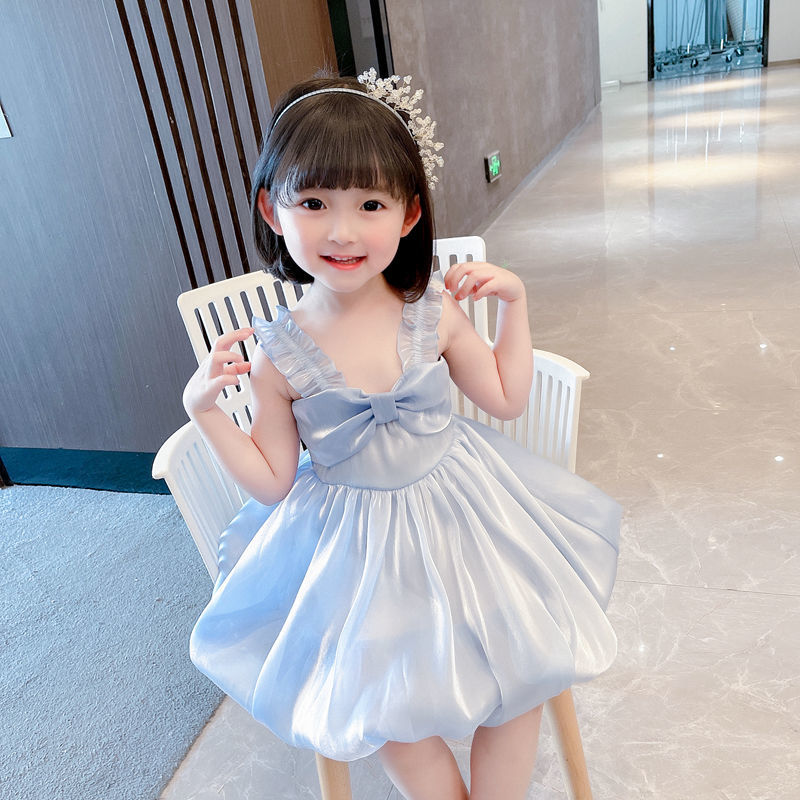 Babyonline(Y042)B1 ชุดเดรสเจ้าหญิงแต่งโบว์ผ้าไหมแก้วนุ่มลื่น มันเงา ...