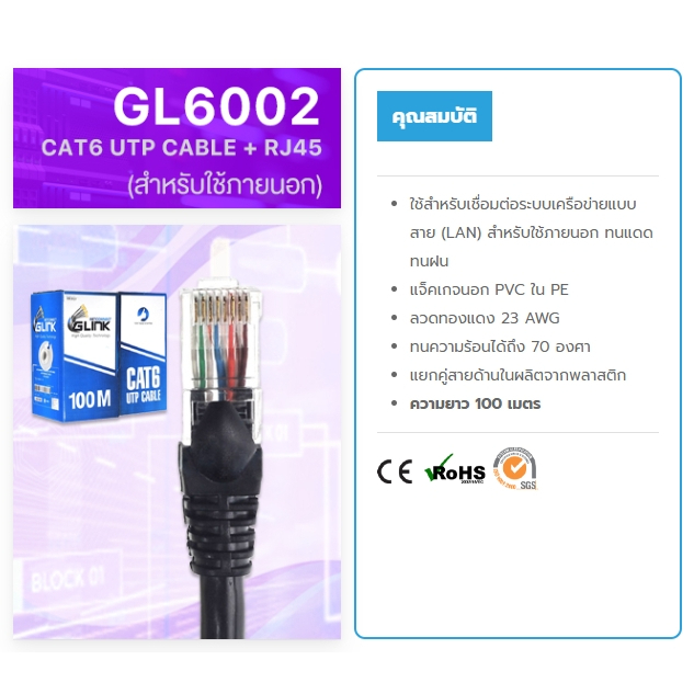 Glink สายแลน CAT6 Outdoor รุ่น UTP Cable GL6002 GL-6002 (100mBox) สำหรับใช้ภายนอกอาคาร - UD ...