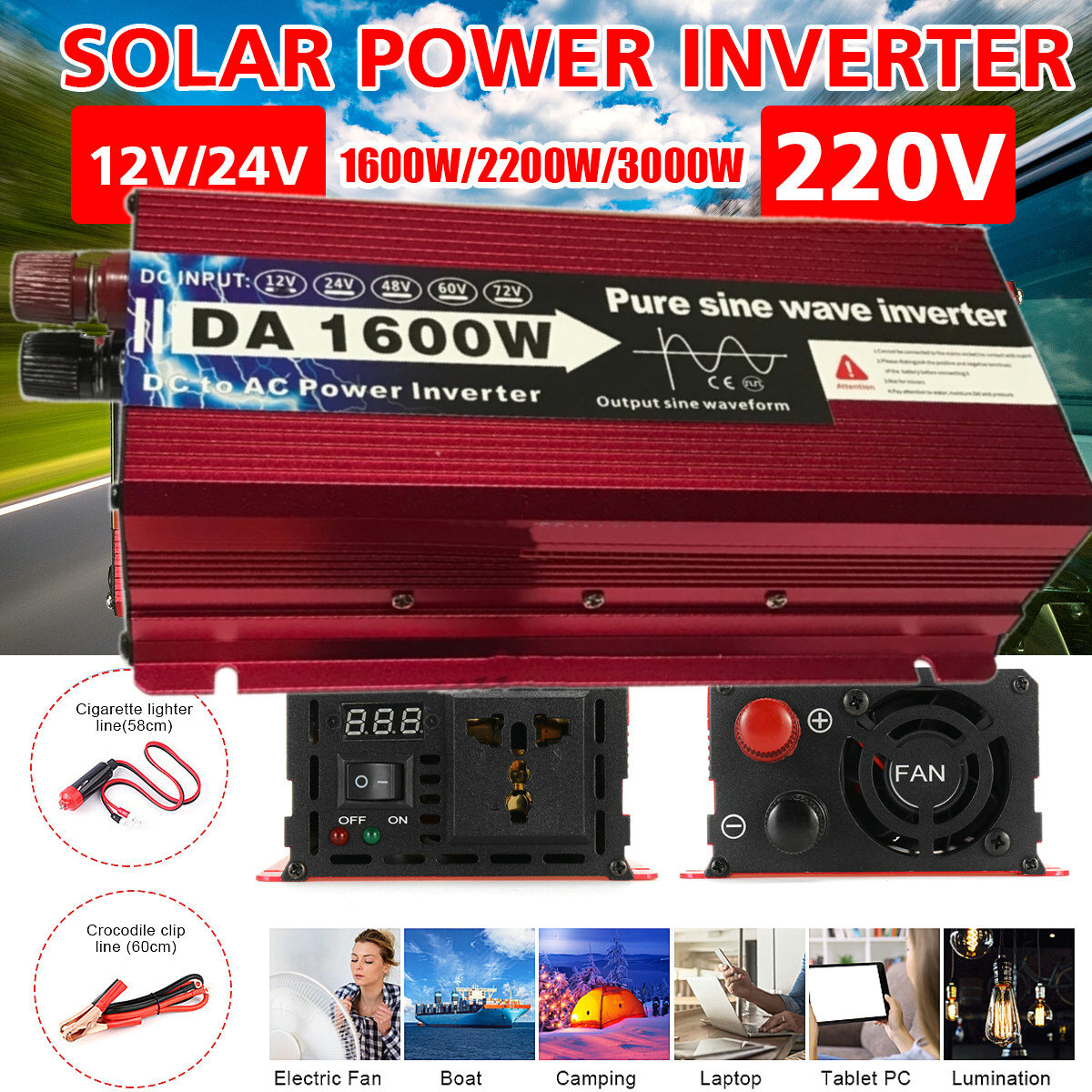 อินเวอร์เตอร์เพียวไซด์1600w 12v inverter pure sine wave 1600 w แท้100% เครื่องแปลงไฟ DC12 โวลต์ ...