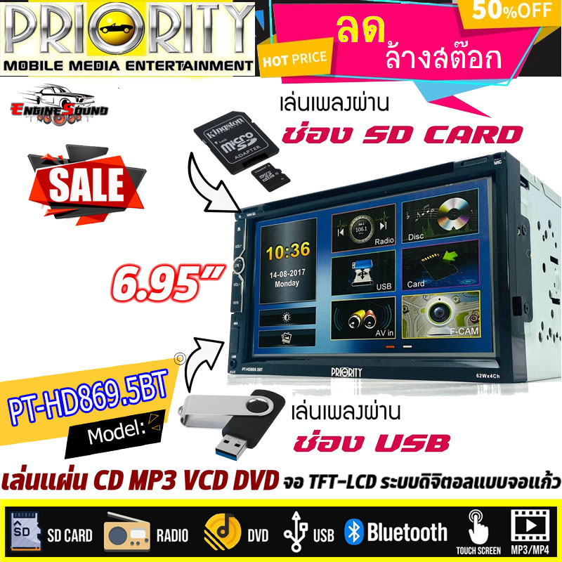 แบรนด์ดังลดแหลก PRIORITY รุ่น PT-HD869.5BT จอทีวีติดรถยนต์เล่นแผ่น ระบบสัมผัสที่หน้าจอ เล่นแผ่น ...