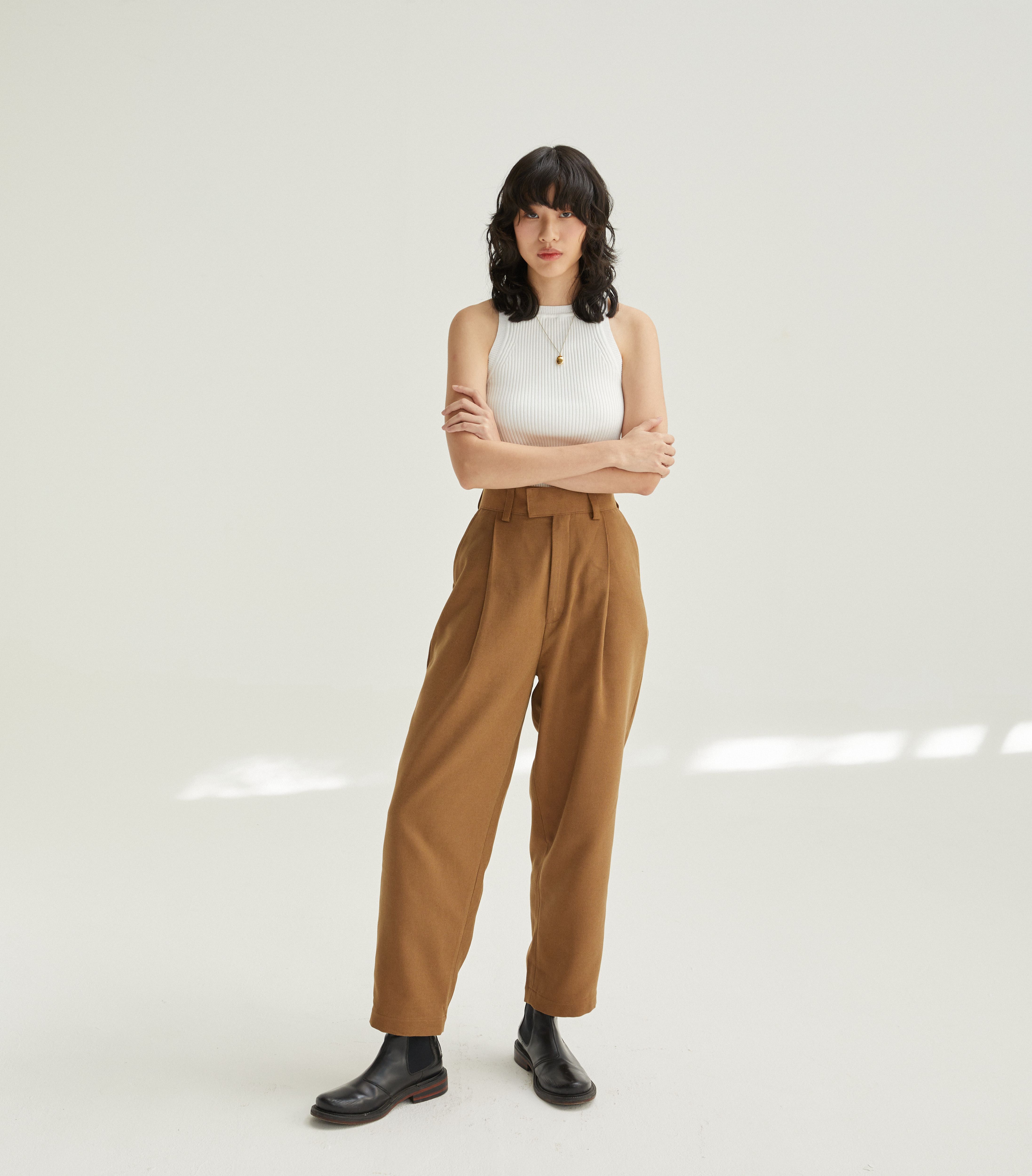 Pleated Deep Trousers กางเกงเอวสูง ปลายขางุ้มเข้า Cotton100% เก็บทรงดี ...
