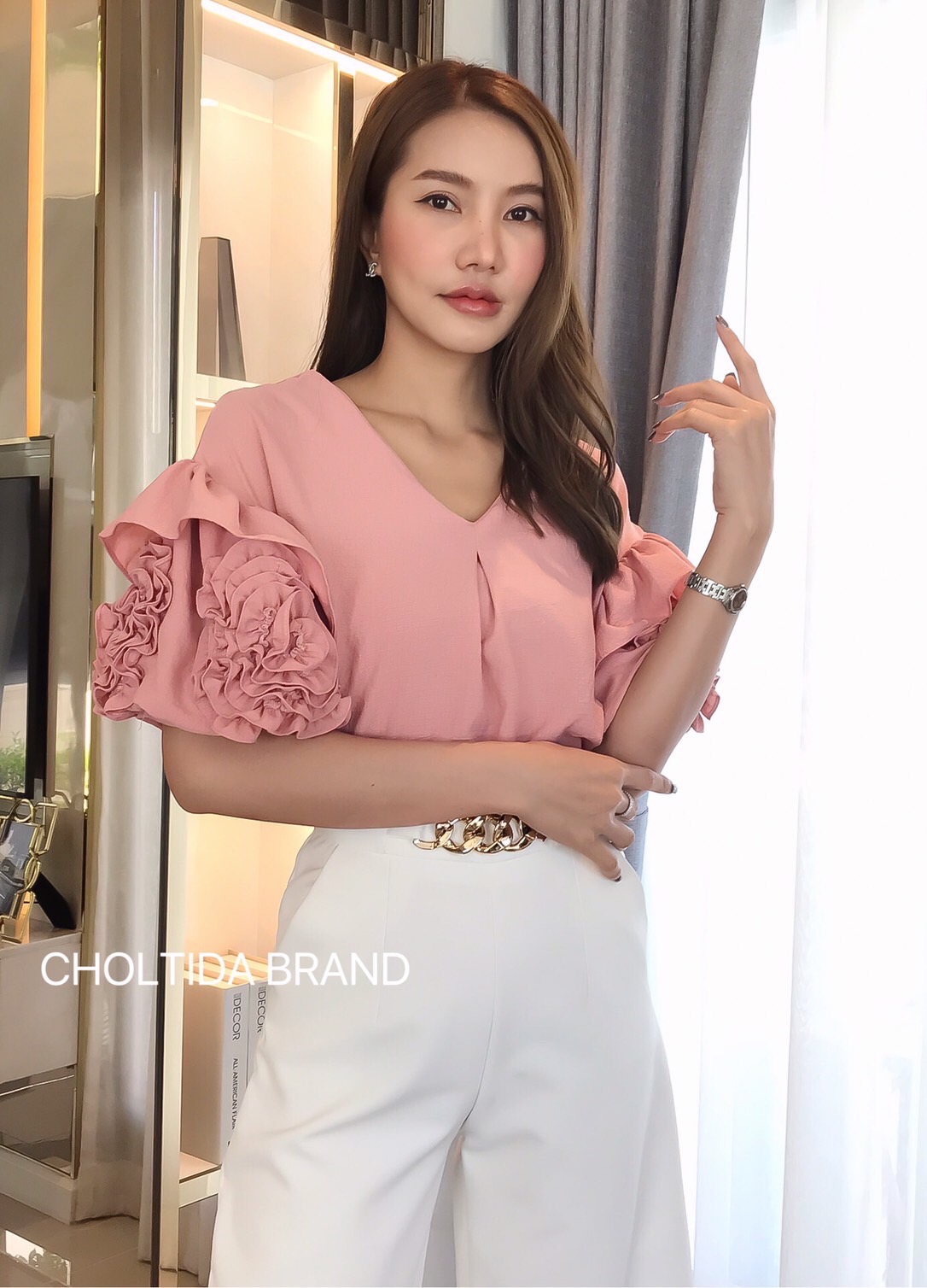 CHOLTIDA เสื้อแขนบอลลูนกุหลาบสี่ดอก งานผ้า BOBBLE งานผ้าดีนุ่มมีแทคเจอร์ในตัว อก :42 นิ้ว ...