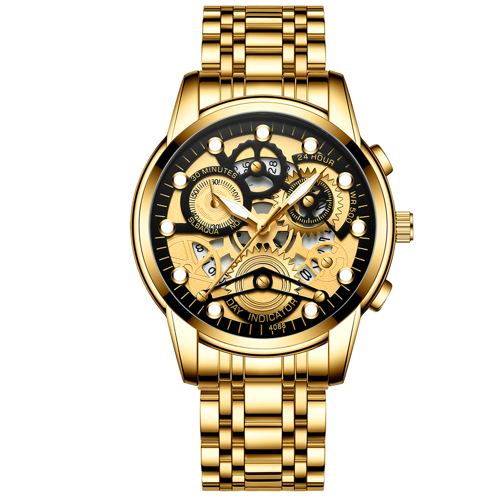 Top brand men Golden watches luxury steel band calendar male casual ...