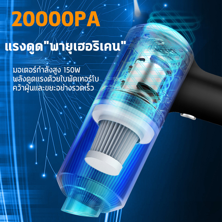 ️พร้อมส่ง️ 20000Pa เครื่องดูดในรถ 5500mAh แบตเตอรี่ความจุสูง ถังเก็บฝุ่นตัวกรองล้างน้ำได้ ...