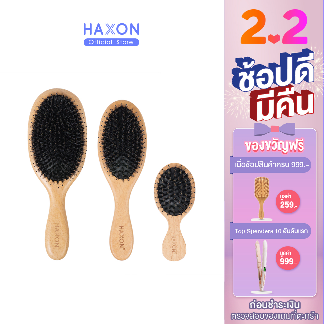 Haxon Boar-Bristle Hair Brush หวีไม้ขนหมูเเท้ ขนหมูอัดแน่น หวีลดผมร่วง ...