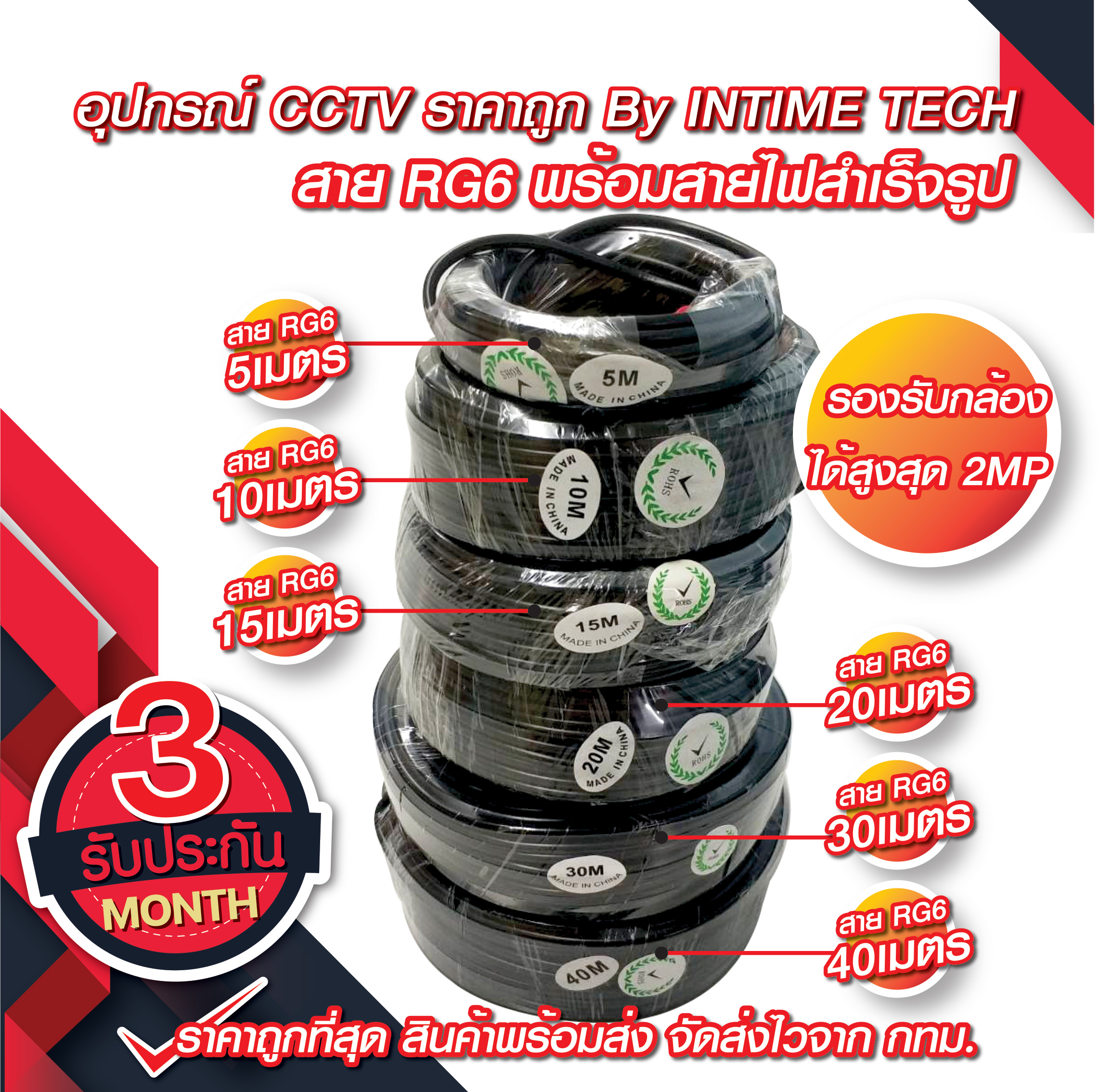 สายกล้องวงจรปิด สายcctv สาย RG6 Power ยาว 5 เมตร - 50 เมตร - in time ...
