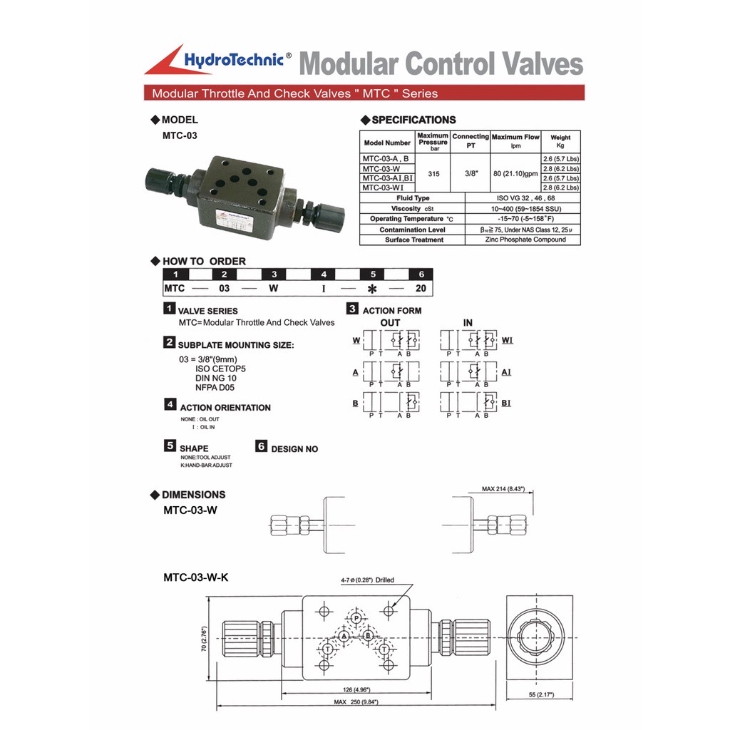 วาล์วปรับอัตราการไหล ควบคุมน้ำมันไฮดรอลิค "MTC" 02-03 (Flow Control ...