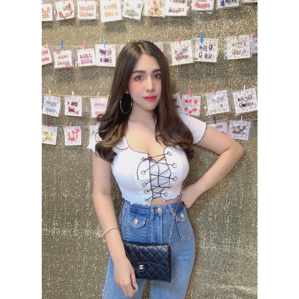 MesubShop ???? เสื้อครอปแขนยาว ตอกตาไก่ ผูกหน้าผ้าร่องเล็กเนื้อยืดใส่สบาย ทรงสวยมาก ตาไก่แขนยาว ...