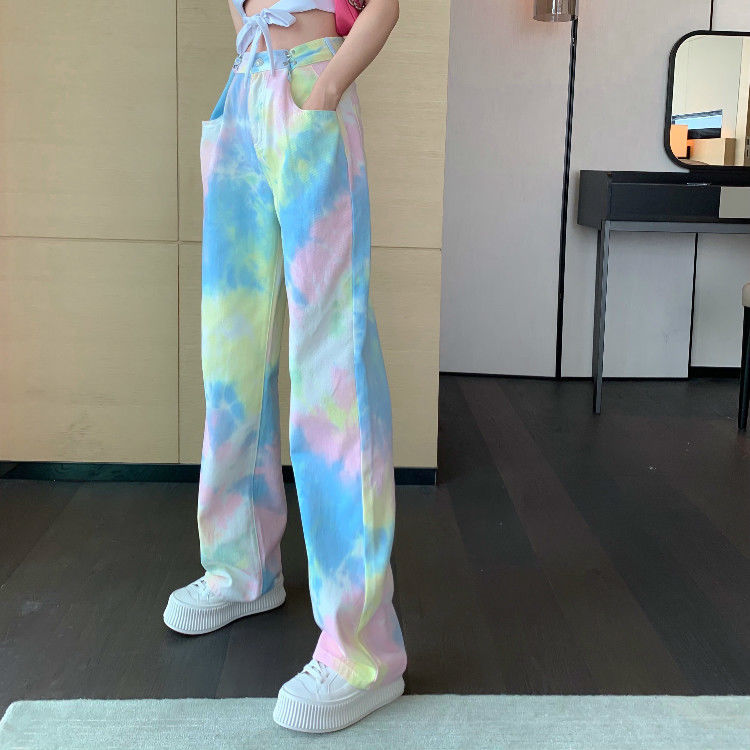 Color shading wide-legged jeans female summer tall waist adjustable ...