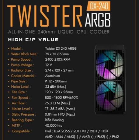 DarkFlash DX240 black PC CPU water Cooling Liquid with 12mm RGB pc ...