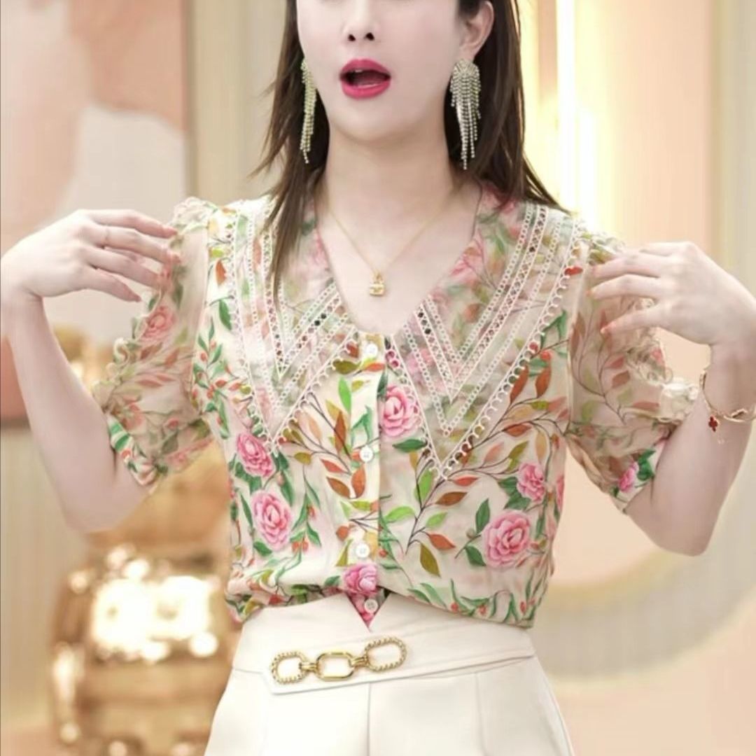 FE2023 ฤดูร้อนใหม่เสื้อชีฟองสไตล์ตะวันตกยอดนิยมในปีนี้เสื้อเชิ้ตแฟชั่นระดับไฮเอนด์ลายดอกไม้ใส่ ...