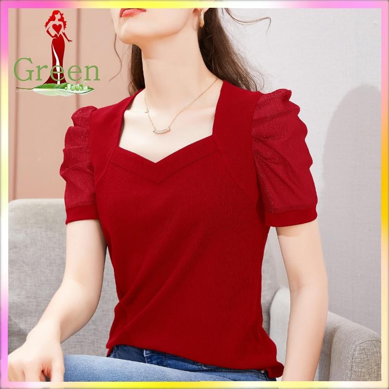 DH100-1.12 เสื้อยืดแขนสั้น ผ้าเรยอน ขนาดใหญ่ สีเขียว แฟชั่นฤดูร้อน สไตล์ฝรั่งเศส สําหรับผู้หญิง ...