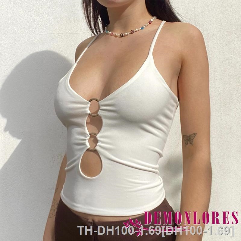 DH100-1.69 Demq- เสื้อครอปท็อปคอยูสีพื้นแบบรัดรูปตกแต่ง U สําหรับผู้หญิง - jiu423 - ThaiPick