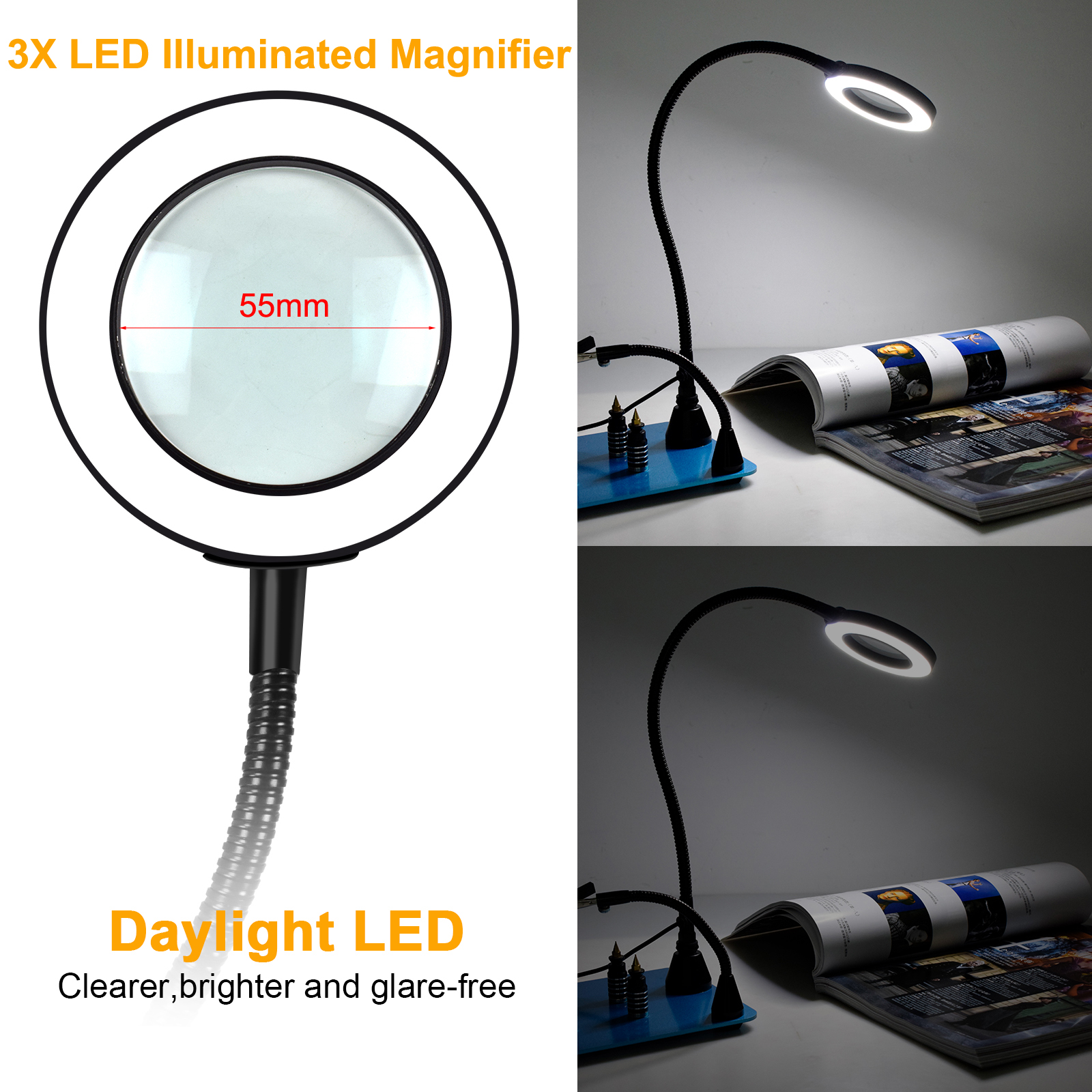 NEWACALOX Magnetic Flexible Arm Illuminated Magnifier USB 3X LED ...