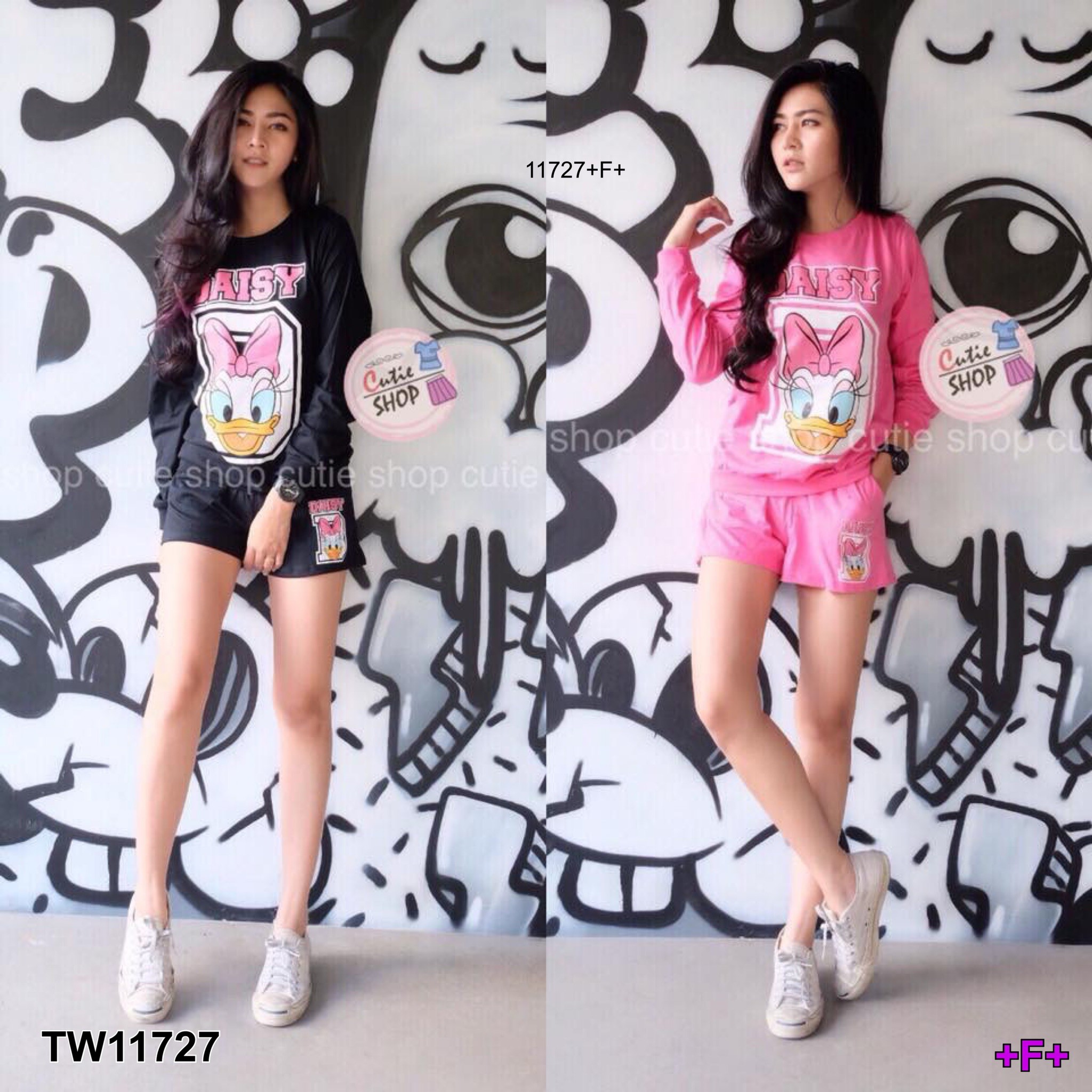 11727 Set 2ชิ้น เสื้อแขนยาว สกรีนลายการ์ตูนเป็ด +กางเกงขาสั้น - Kshop Fashion - ThaiPick