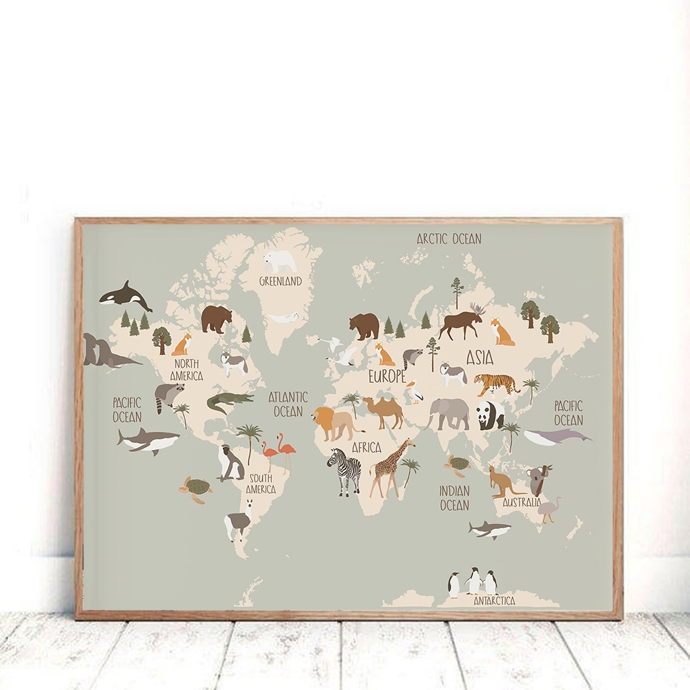 High quality perfect Animal World Map Nursery Wall Art Canvas Painting ...