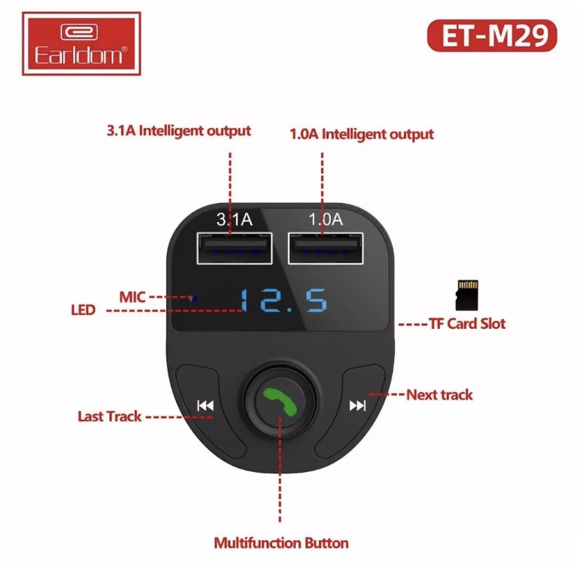 Earldom รุ่น ET-M29 บลูทูธในรถยนต์ ตัวส่งสัญญาณเสียงผ่านคลื่น FM ในรถยนต์ (บลูทูธรถยนต์+ที่ชาร์จ ...