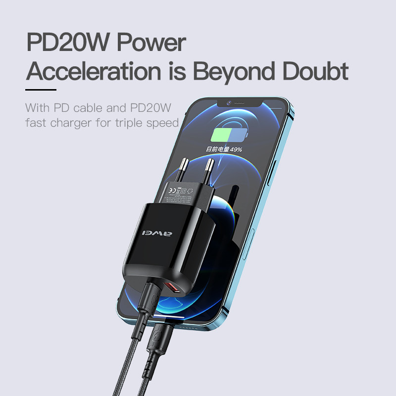 【ฟรี C-L 5A Data Cable】 Awei PD2 PD 20W Fast Charger ปลั๊ก EU แบบพกพา ...